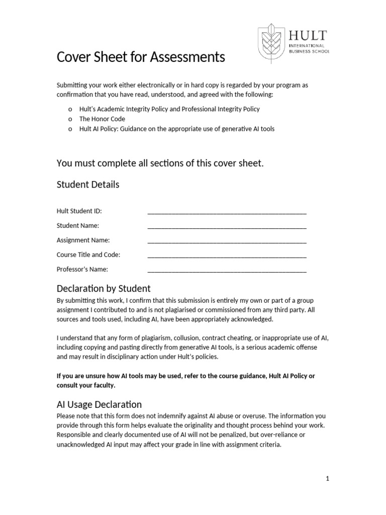 Hult Assessment Cover Sheet v2 - 2025-09-05 | PDF | Plagiarism
