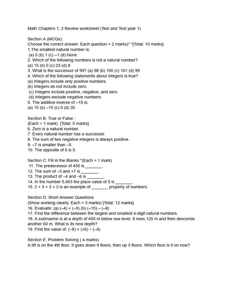 Grade 7 Review Worksheet (Natural Nos & Integers) | PDF | Numbers ...
