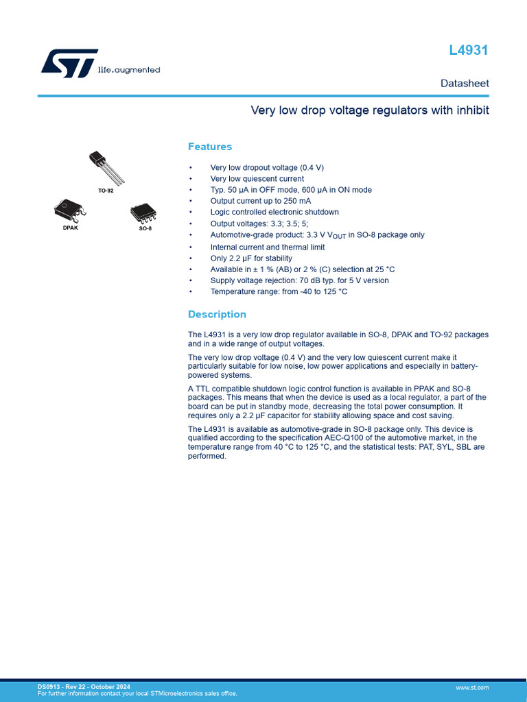Very Low Drop Voltage Regulators With Inhibit: Features | PDF ...