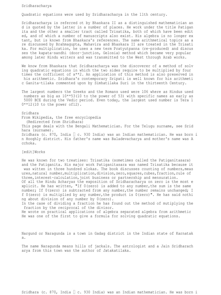 Sridharacharya Mathematician