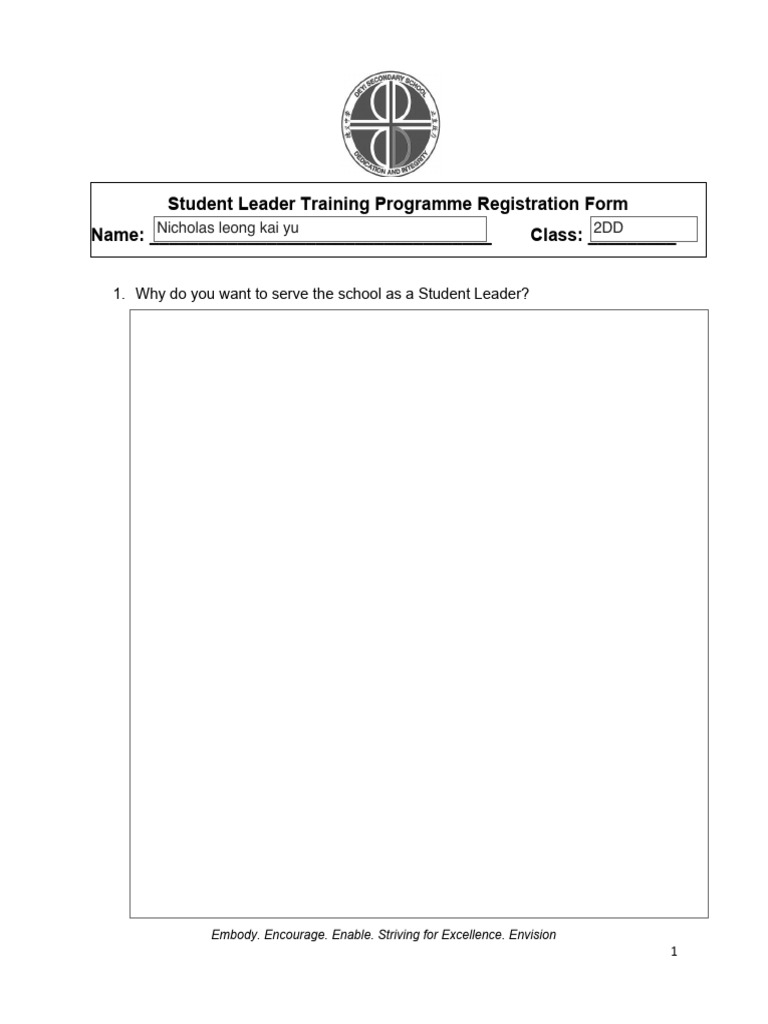 Sec 2 Student Leaders Training Programme Registration Form_25 2 | PDF