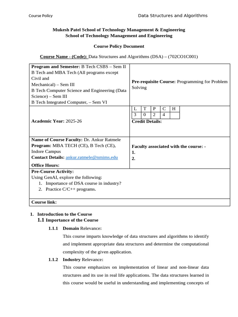 Course Policy DSA 2025-26 | PDF | Engineering | Knowledge