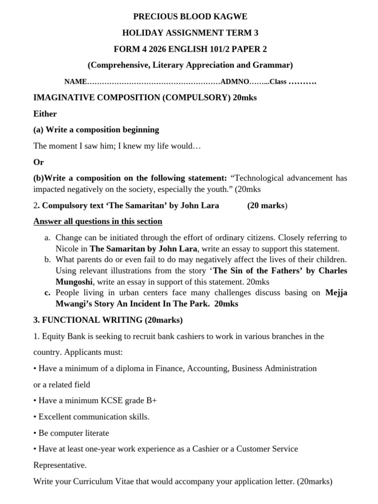 Form 4 English Holiday Assignment 2026 | PDF | Curriculum | Knowledge