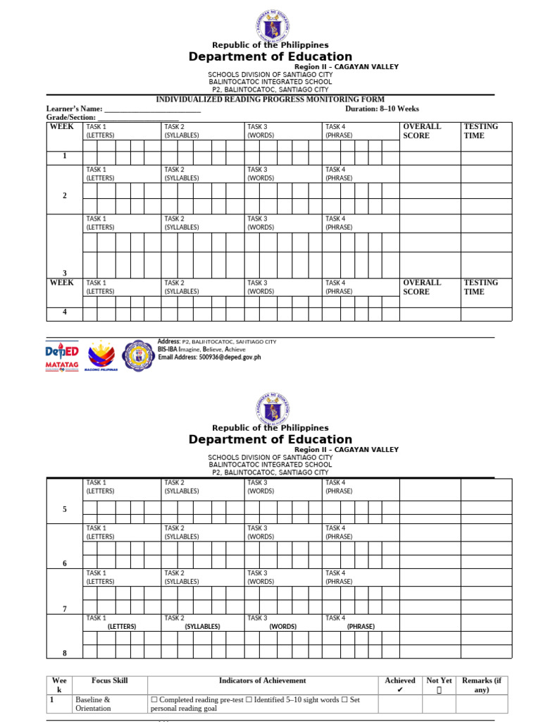 Reading Progress Monitoring Form | PDF | Reading (Process) | Learning