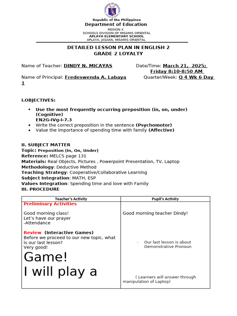 Grade 2 Lesson Plan PREPOSITION | PDF | Learning | Educational Technology