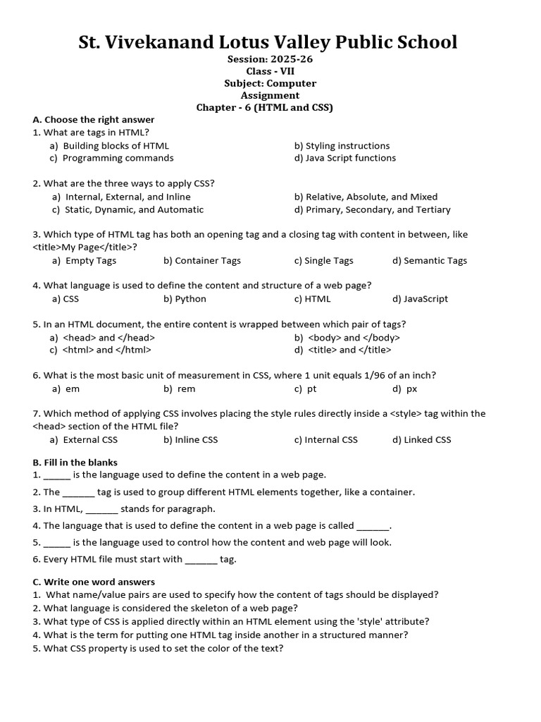 CH 6 Assignment Class 7 | PDF | Html Element | Html