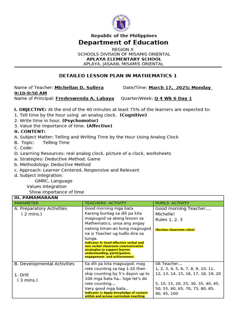 Lesson Plan: Telling Time in Math 1 | PDF | Teachers | Behavior ...