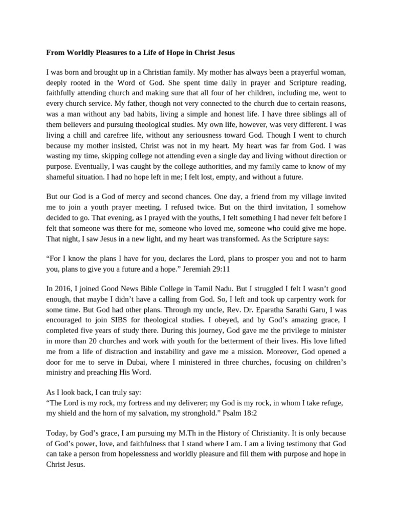 From Worldly Pleasures To A Life of Hope in Christ Jesus | PDF | God In ...