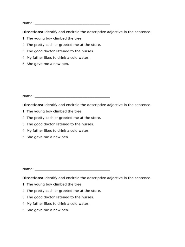 Identify Descriptive Adjectives Worksheet | PDF