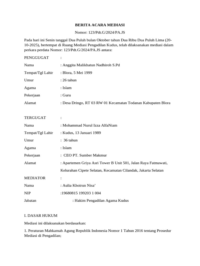 Berita Acara Mediasi | PDF
