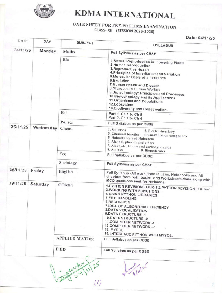 Date Sheet For Pre-Prelims Class-Xii | PDF
