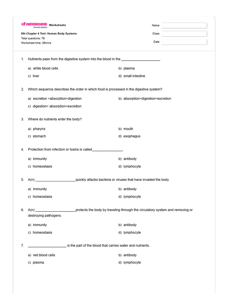 6th-Chapter 4 Test- Human Body Systems _ With Ans Key | PDF | Human ...