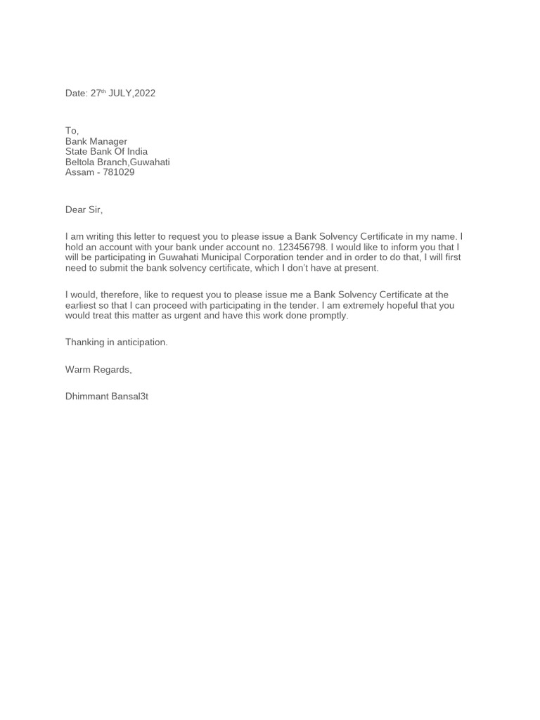 Bank Solvency Certificate Request Letter | PDF