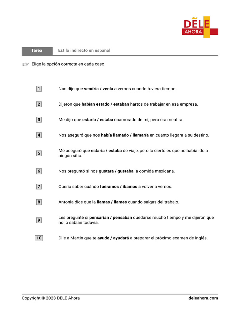 Ejercicios de estilo indirecto en español | PDF