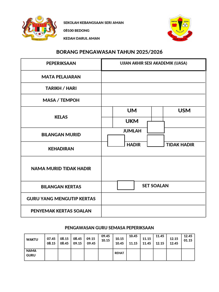 Borang Pengawasan Peperiksaan 202425 | PDF