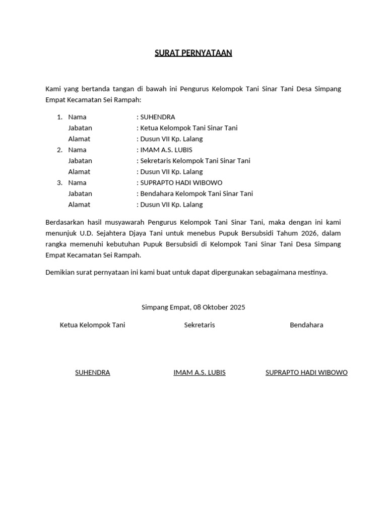 Surat Pernyataan - Penebusan Pupuk Subsidi | PDF