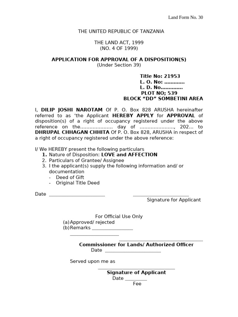 Tanzania Land Act Disposition Application | PDF