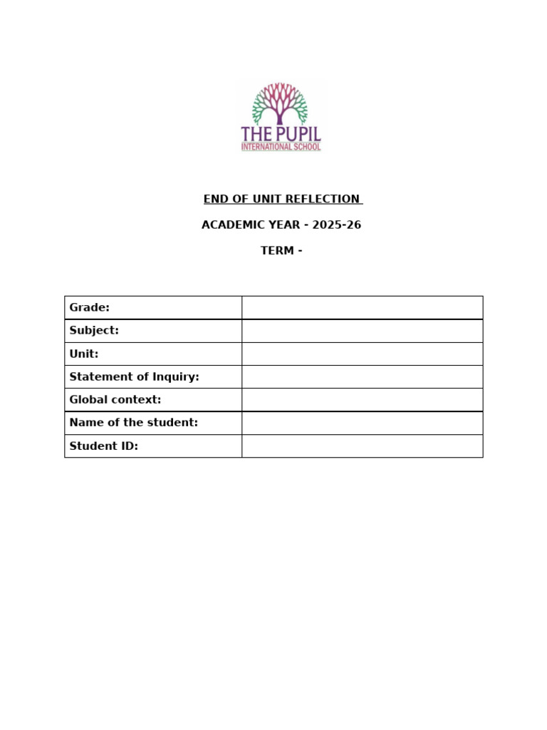 End of Unit Reflection Template | PDF