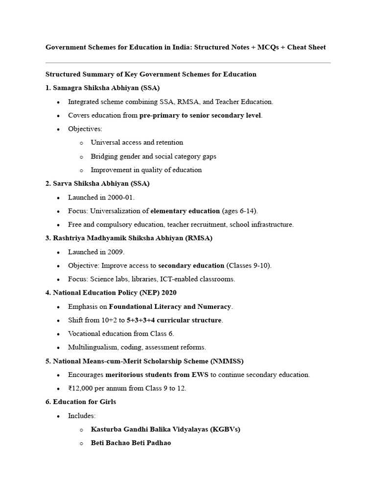 Government Education Schemes in India | PDF