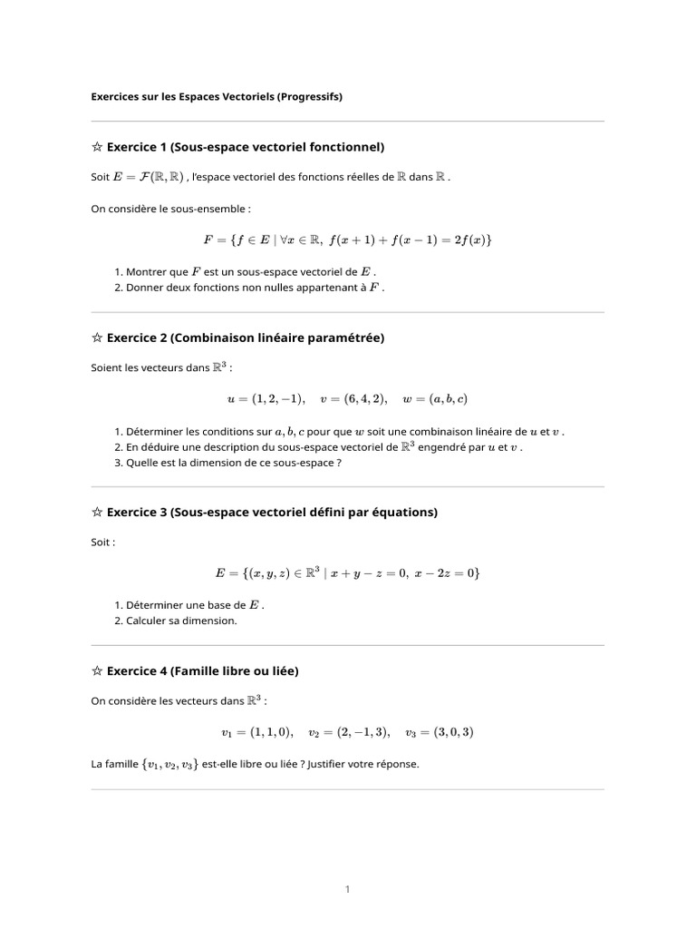 Exercices sur les Espaces Vectoriels | PDF
