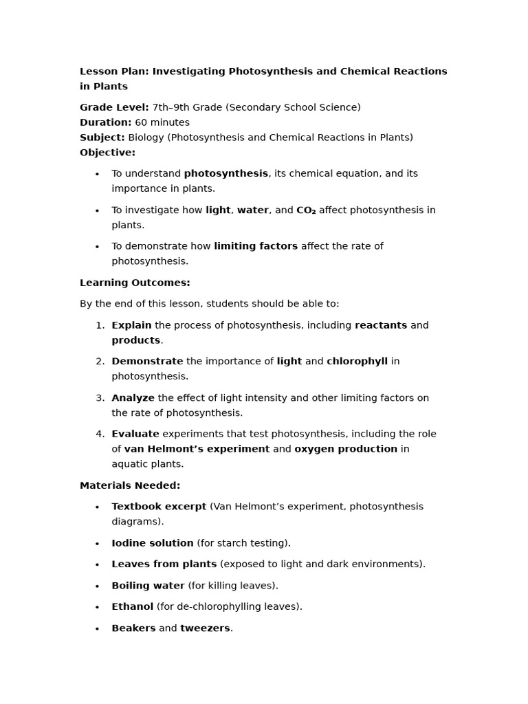 Photosynthesis Lesson Plan for Grades 7-9 | PDF | Photosynthesis | Leaf