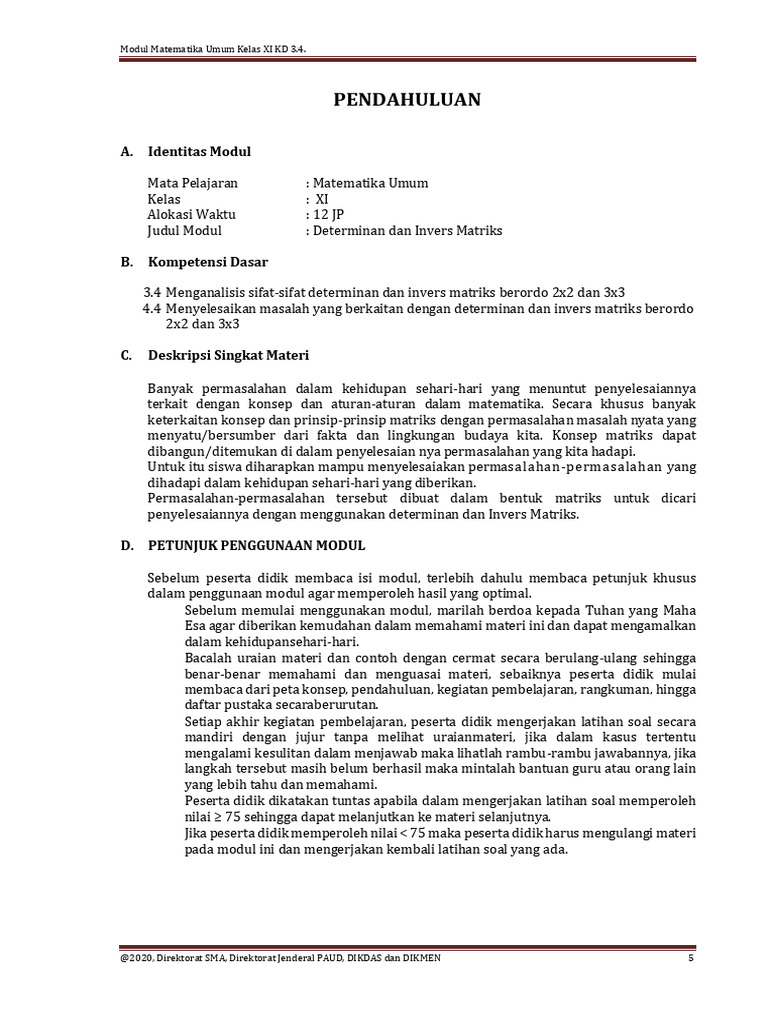 Bahan Ajar Modul Matriks | PDF