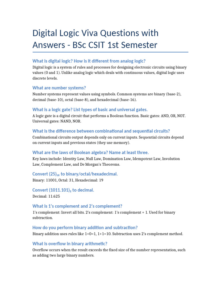 Digital Logic Viva BSc CSIT Sem1 | PDF | Logic Gate | Electrical Circuits