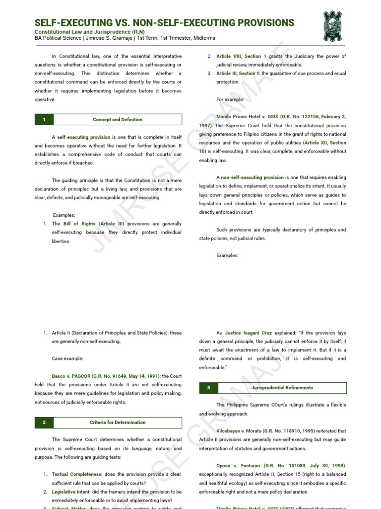 Self-Executing vs Non-Self-Executing Provisions | PDF | Article Three ...