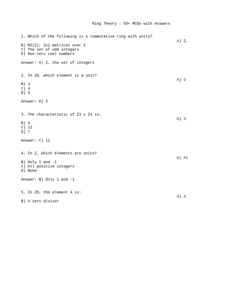 MCQs on Ring Theory and Zero Divisors | PDF | Ring (Mathematics) | Integer