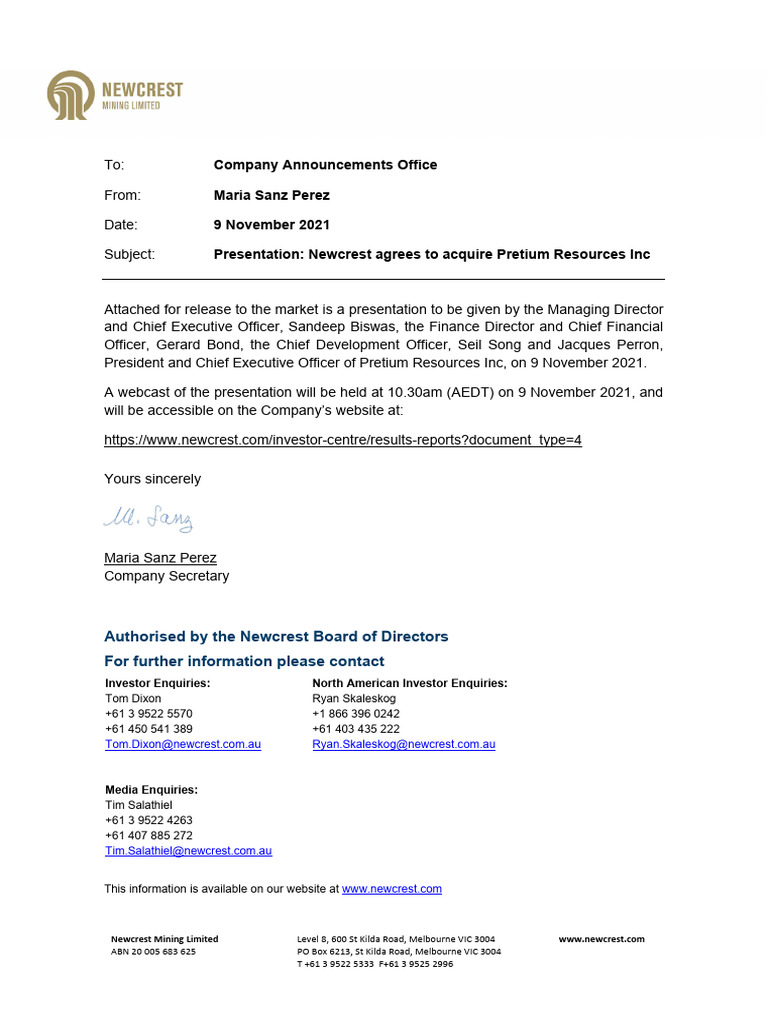 Newcrest Acquires Pretium Resources | PDF