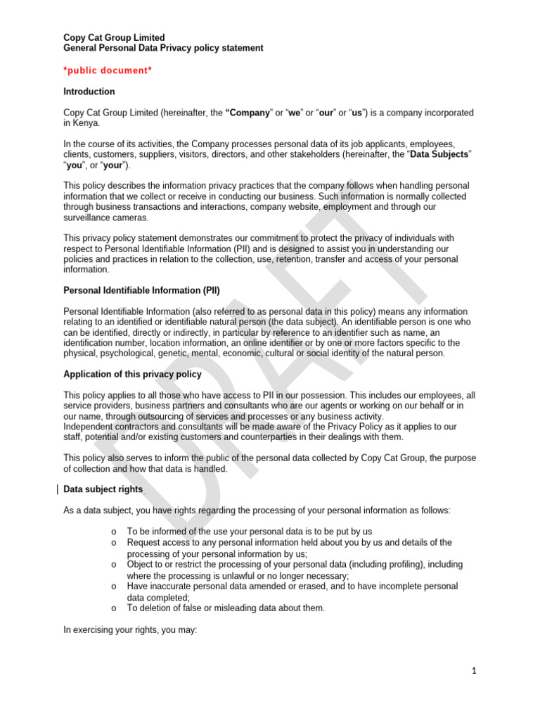 Draft Data Privacy Policy | PDF | Privacy | Information Privacy