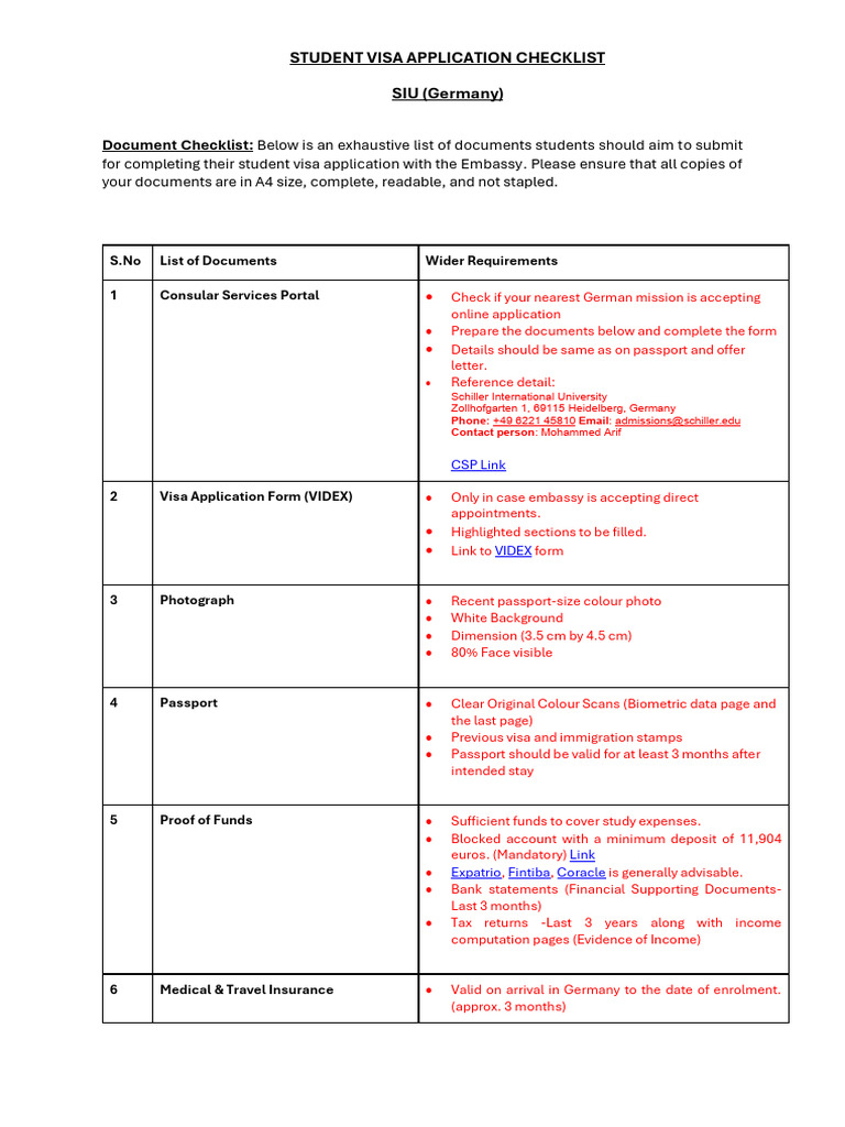 SIU Germany - Visa Checklist | PDF | Travel Visa | Passport