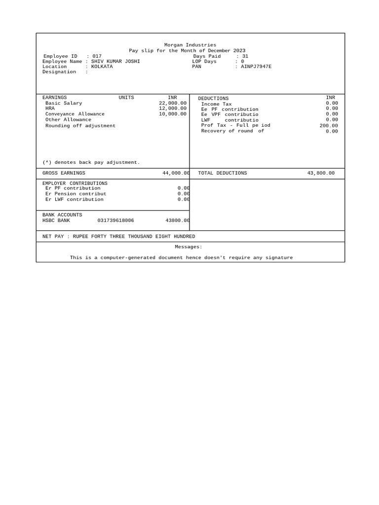 December 2023 Pay Slip for Shiv Kumar Joshi | PDF