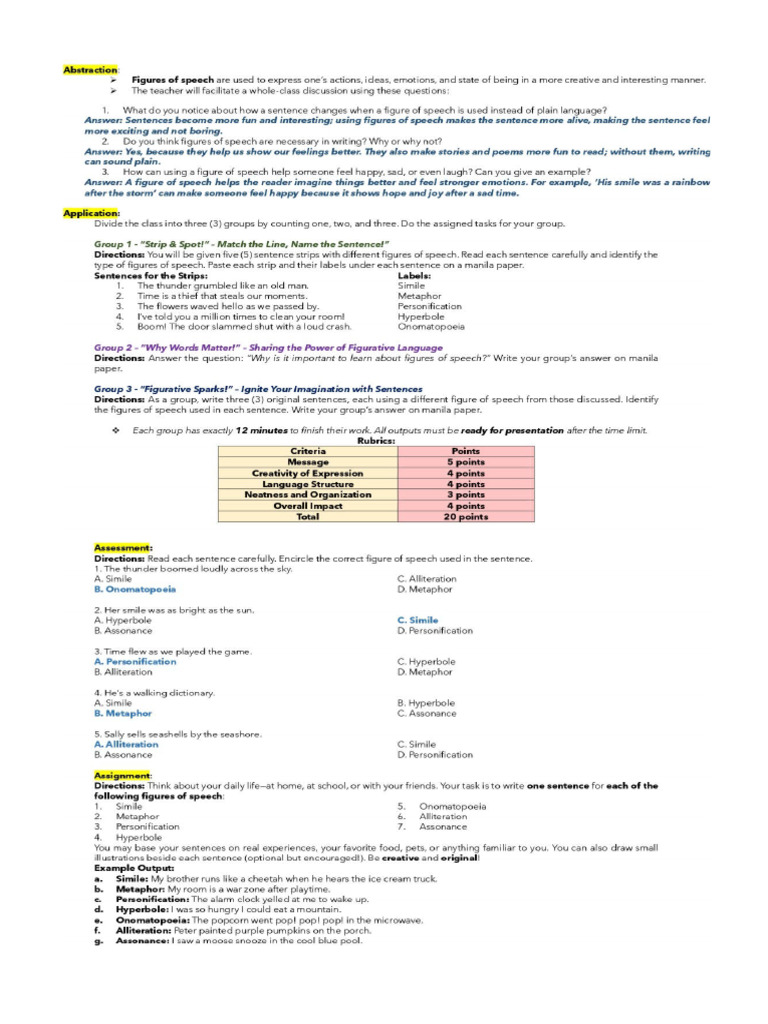 5A Lesson Plan in English 5 - Figures of Speech (Figurative Language ...