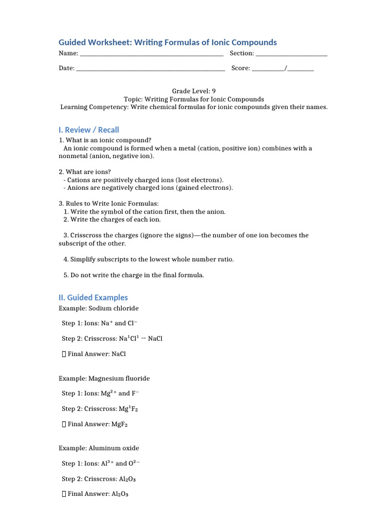 Guided Worksheet Writing Formulas of Ionic Compounds | PDF | Ion | Salt ...