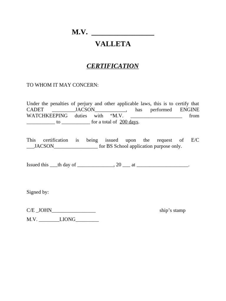 Engine Watchkeeping Certificate for Cadet Jacson | PDF
