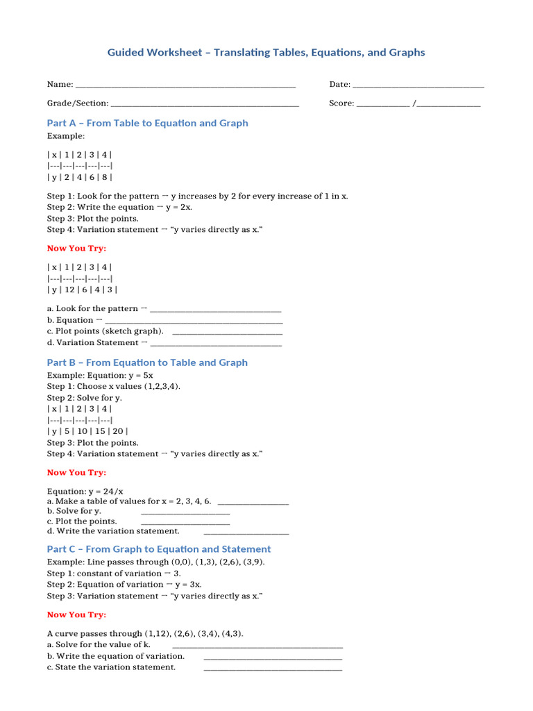 Guided Worksheet Tables Equations Graphs | PDF