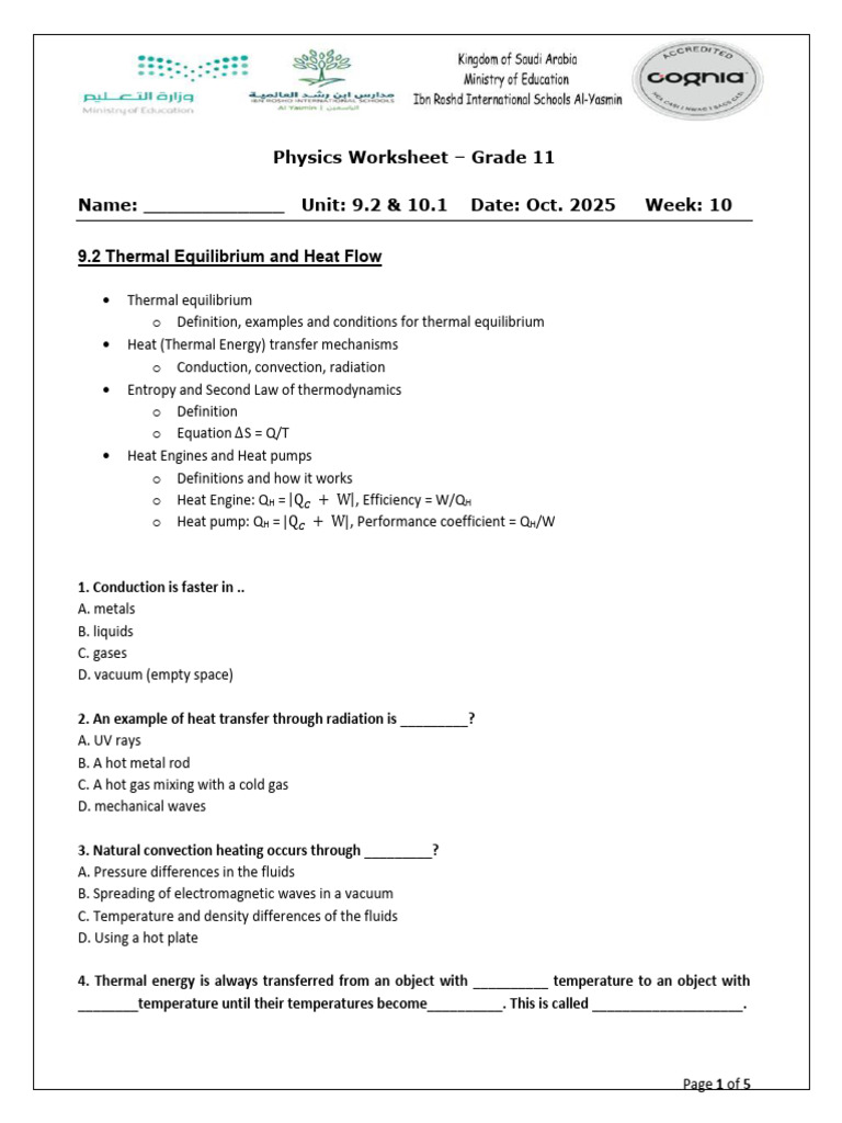 G11 Physics Worksheet 9.2 & 10.1 | PDF | Heat | Heat Transfer