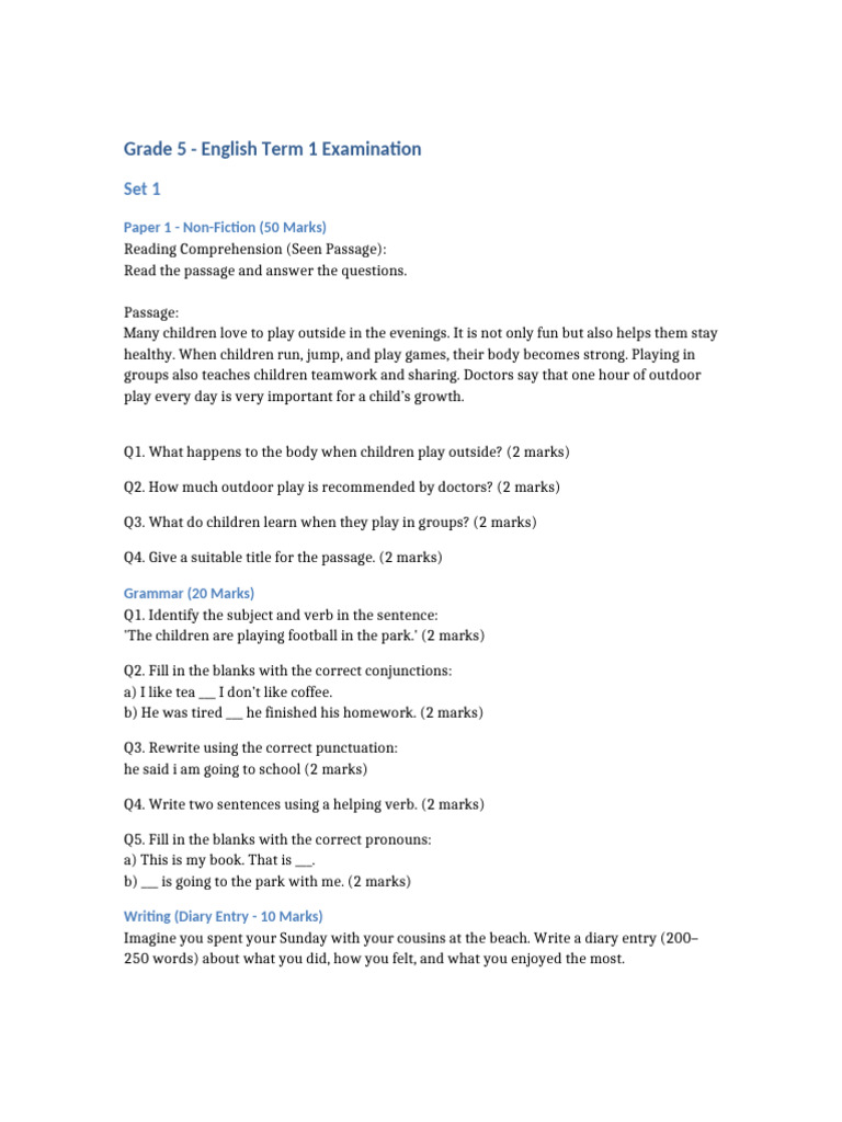 Grade 5 English Exam: Term 1 Papers | PDF | Syntax | Grammar