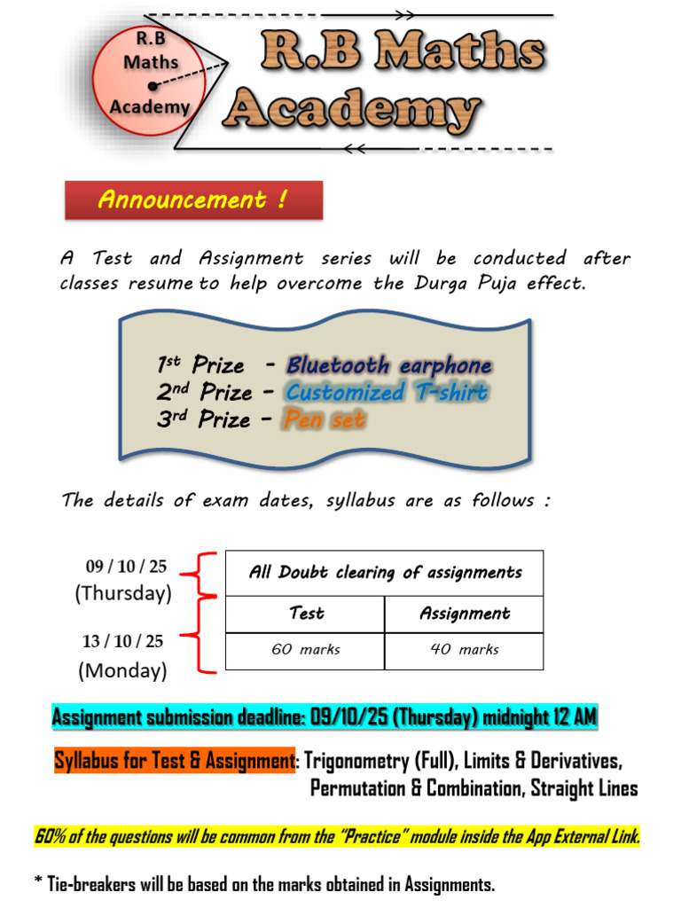 R.B Maths Academy Test & Assignment Details | PDF