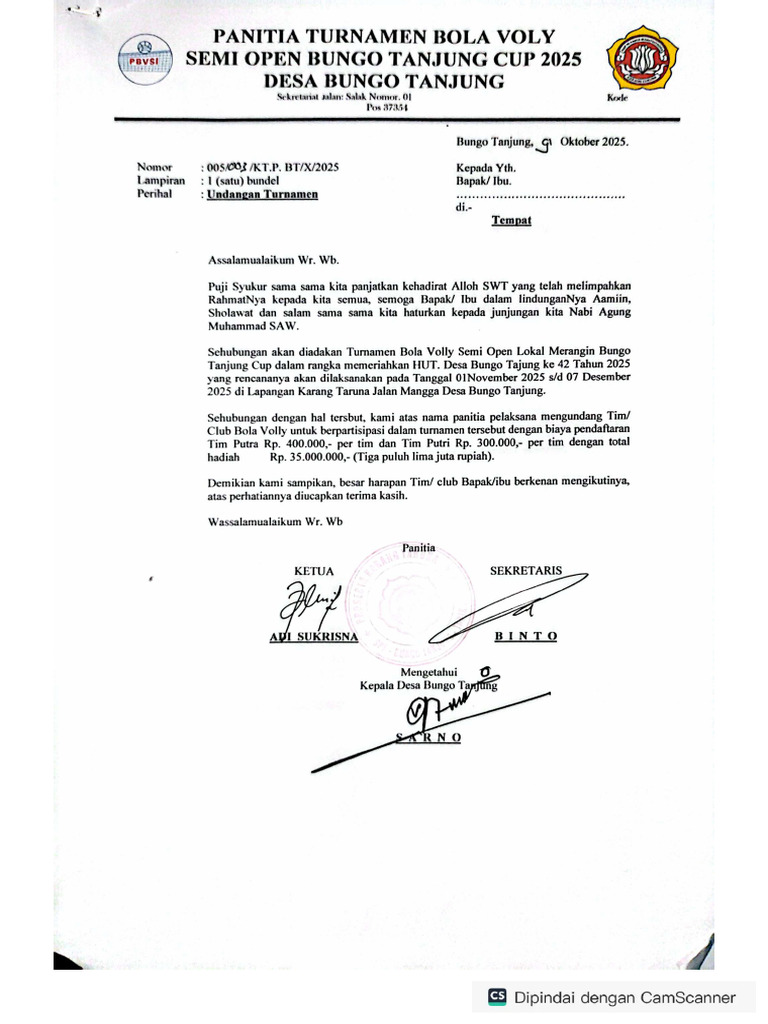 Undangan Turnamen Bola Voly Bungo Tanjung Cup 2025 | PDF