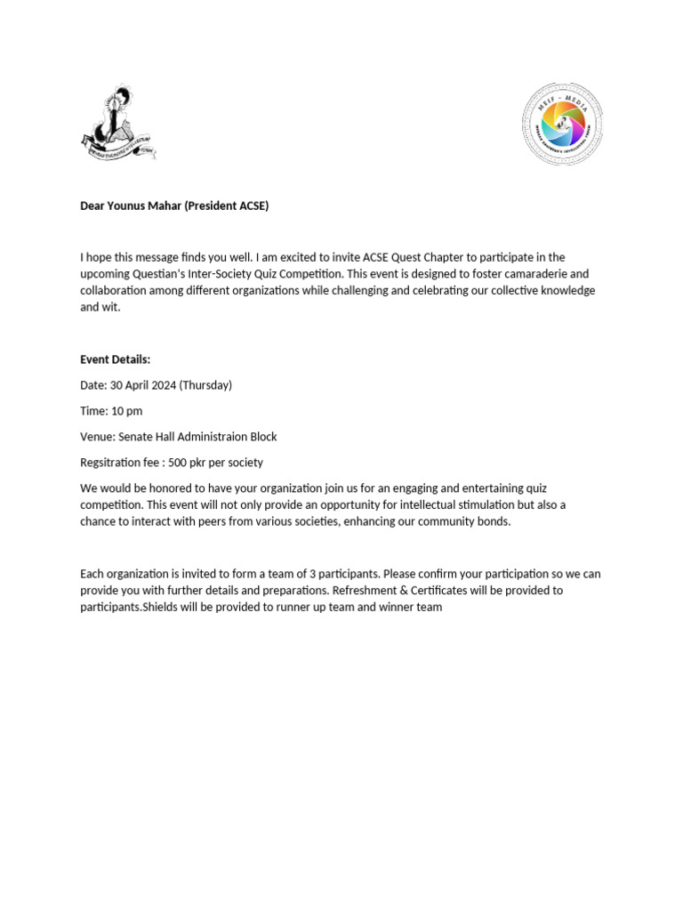 ACSE Quest Chapter Quiz Competition Invite | PDF