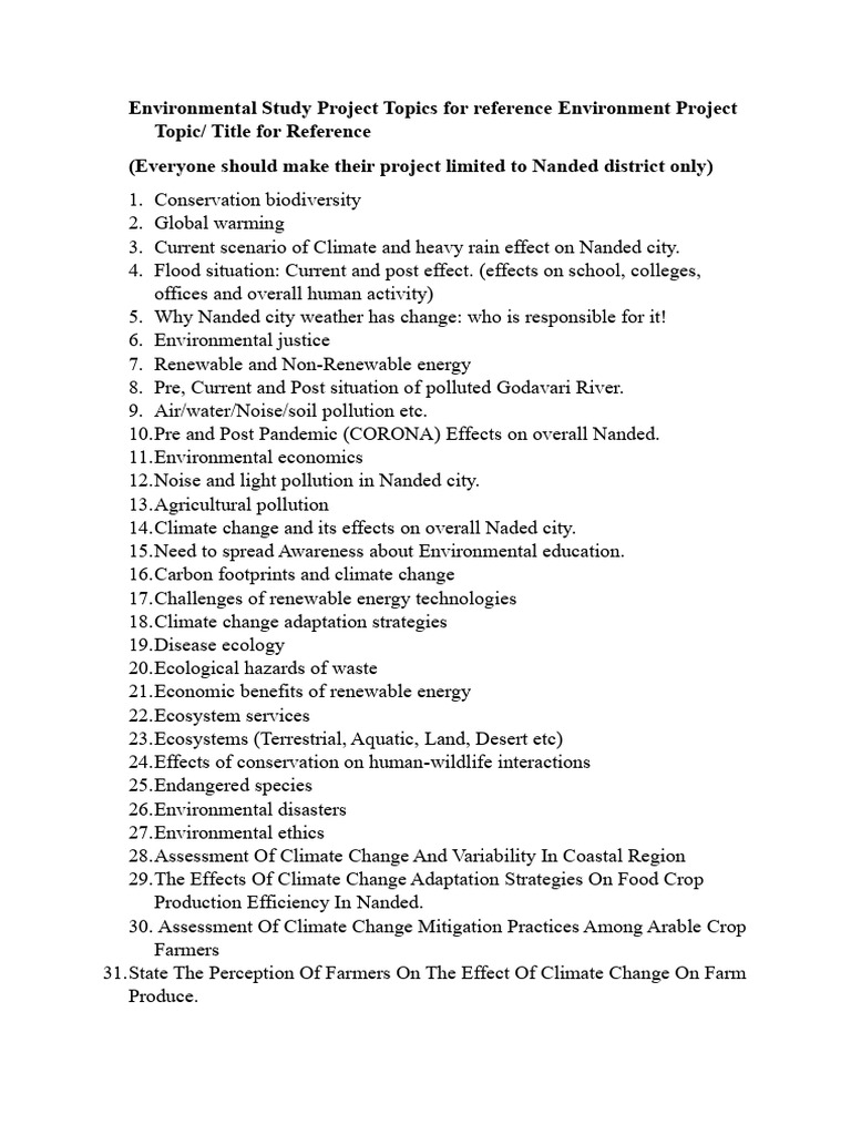 Environmental Study Project Topics for Reference | PDF