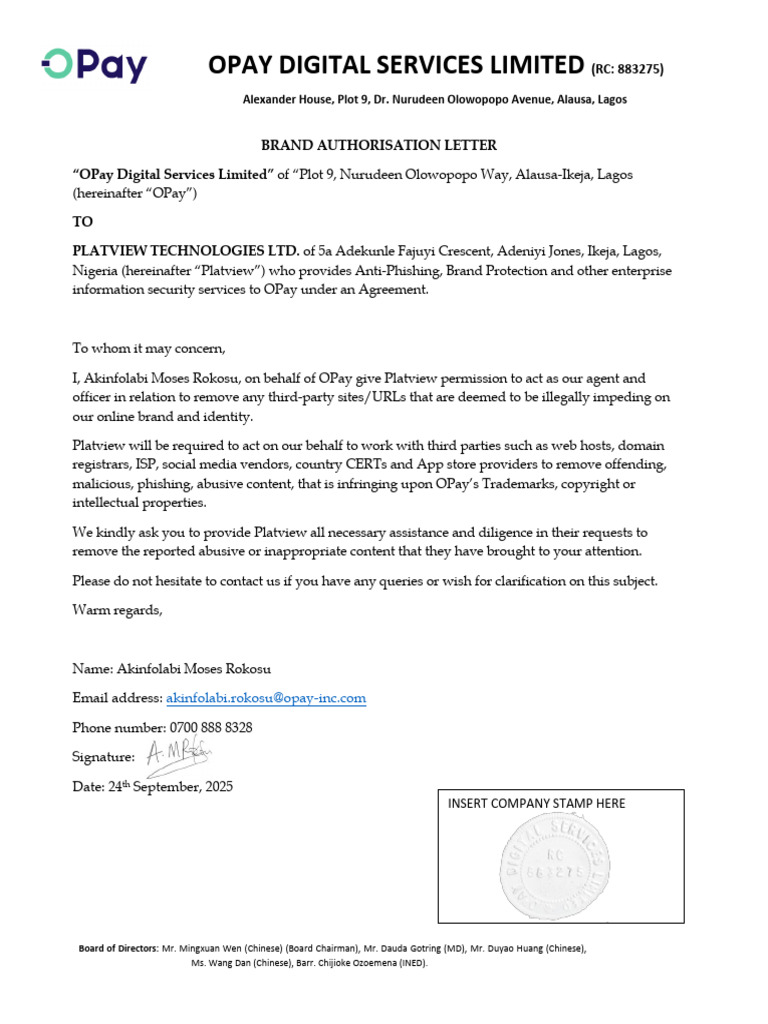 Brand Authorization Doc OPay | PDF