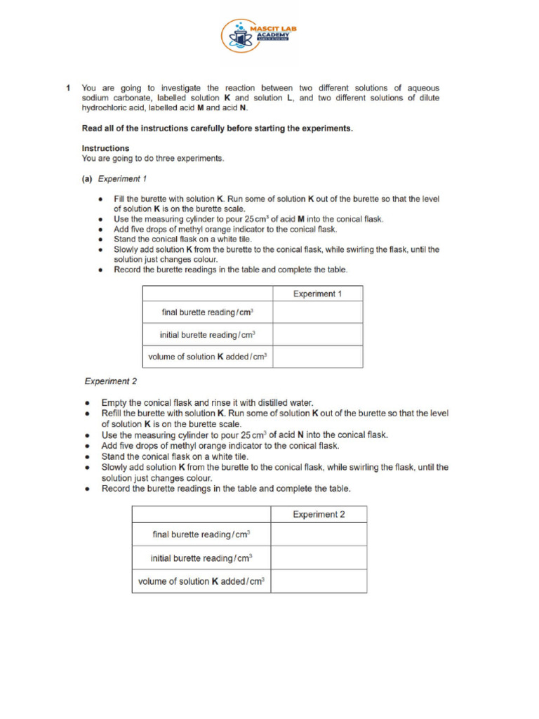 0610 Practical Yr11 Titration QP | PDF