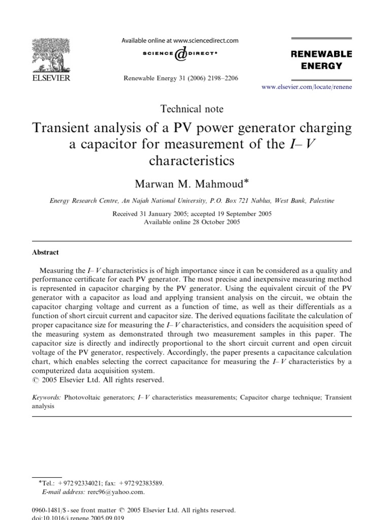 Transient Analysis Of A Pv Power Generator Charging A Capacitor For