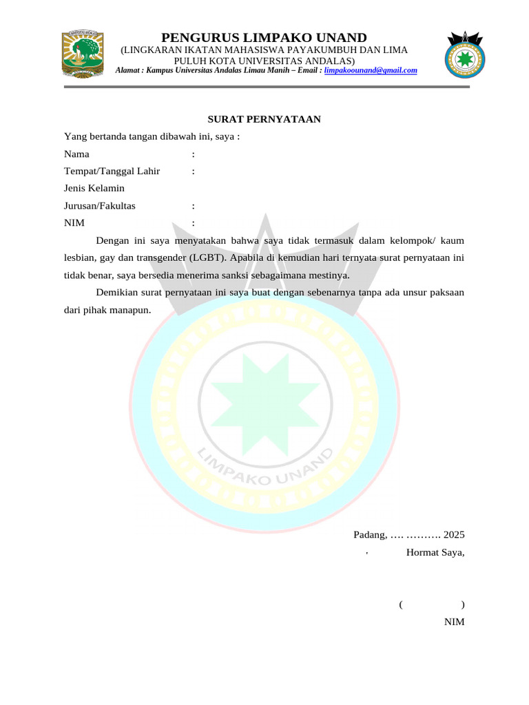 Surat Pernyataan Non-LGBT LIMPAKO UNAND | PDF