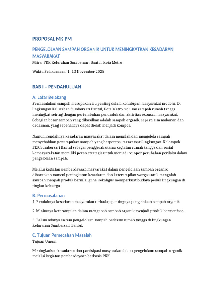 Proposal MK-PM Pengelolaan Sampah Organik Sumbersari Bantul | PDF