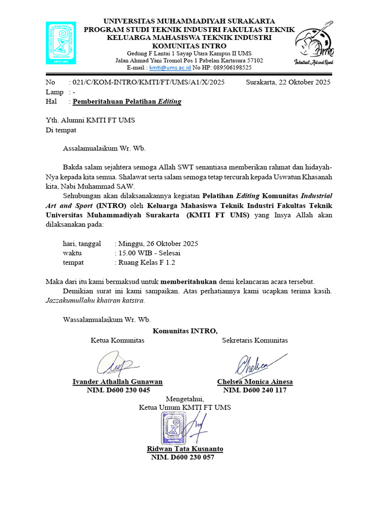 021 - C - Surat Pemberitahuan Pelatihan Editing (Alumni KMTI FT UMS) | PDF