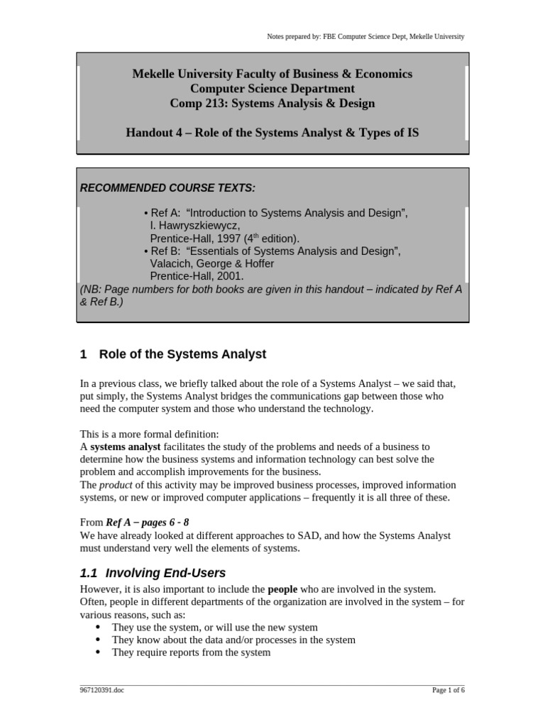 SAD Handout 4 - Role of SA & Types of Is | PDF | Data Warehouse | Data